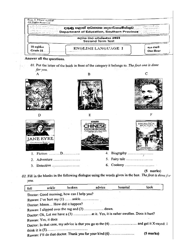 English - Grade 10 - Second Term Test - Southern Province - 2021 | PDF