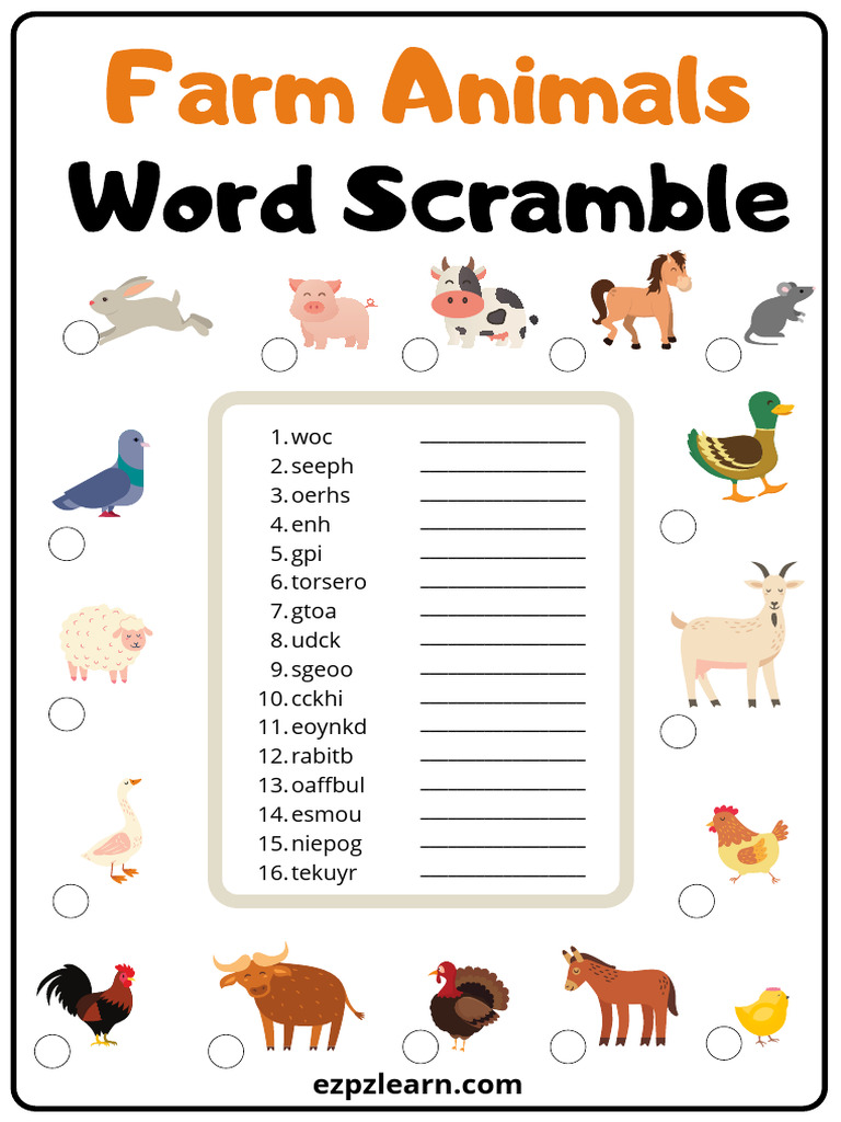 Farm Animals Word Scramble Worksheet | PDF
