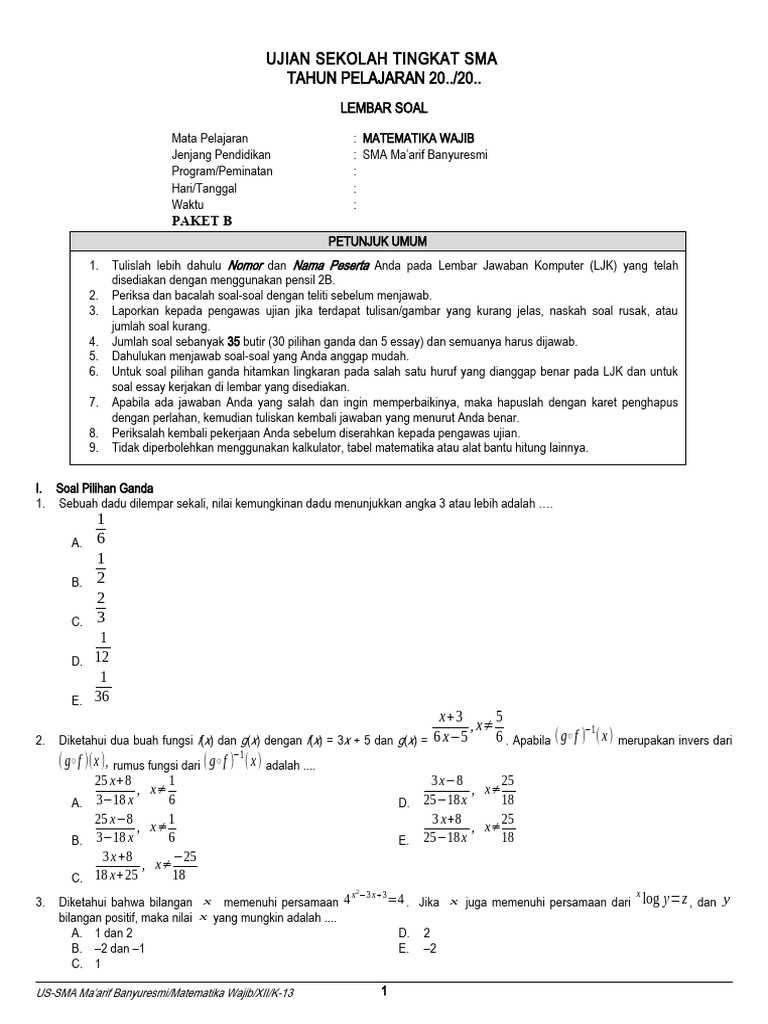 Soal Us Matematika Wajib Sma Paket B - Xii Ipa 1 | PDF | Metode & Bahan Ajar