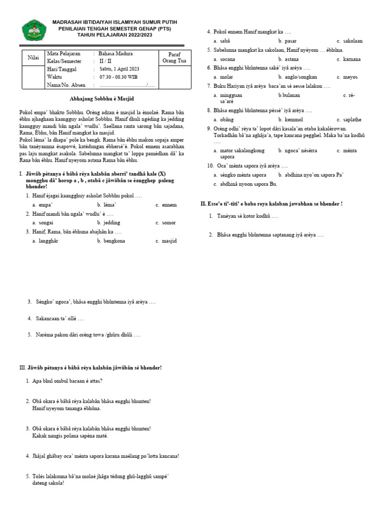 PTS_Bhs MADURA_KELAS 2_Smt_2 | PDF