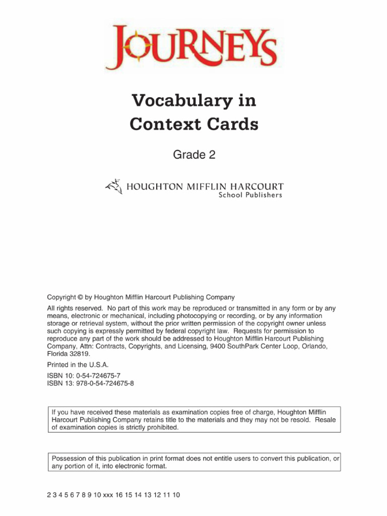 Journeys G2 1-50 Vocabulary in Context Cards | PDF