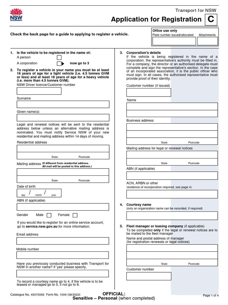 NSW Vehicle Registration Application Form | PDF | Vehicle Registration ...