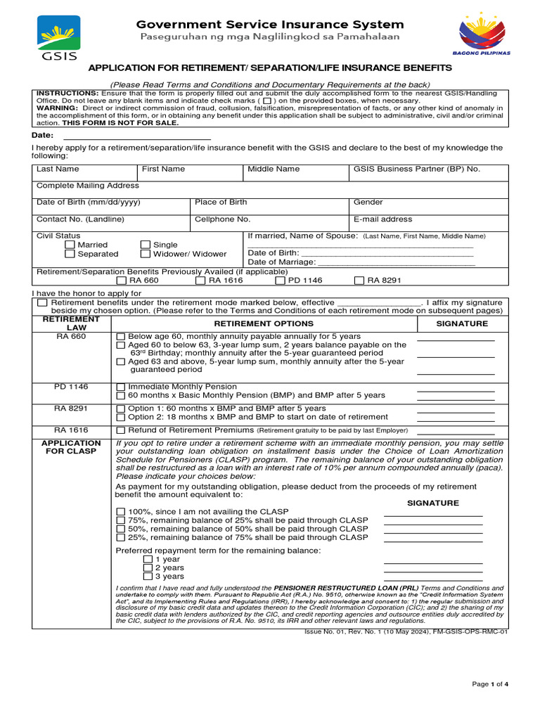 FM-GSIS-OPS-RMC-01 - Application For Retirement Separation Life ...
