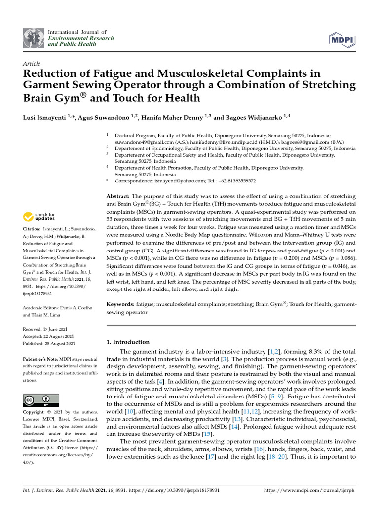 Reduction of Fatigue and Musculoskeletal Complaint | PDF | Clinical ...