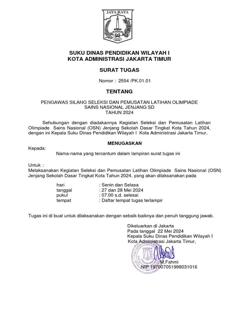 Surat Tugas Pengawas Silang Osn SD 2024 | PDF