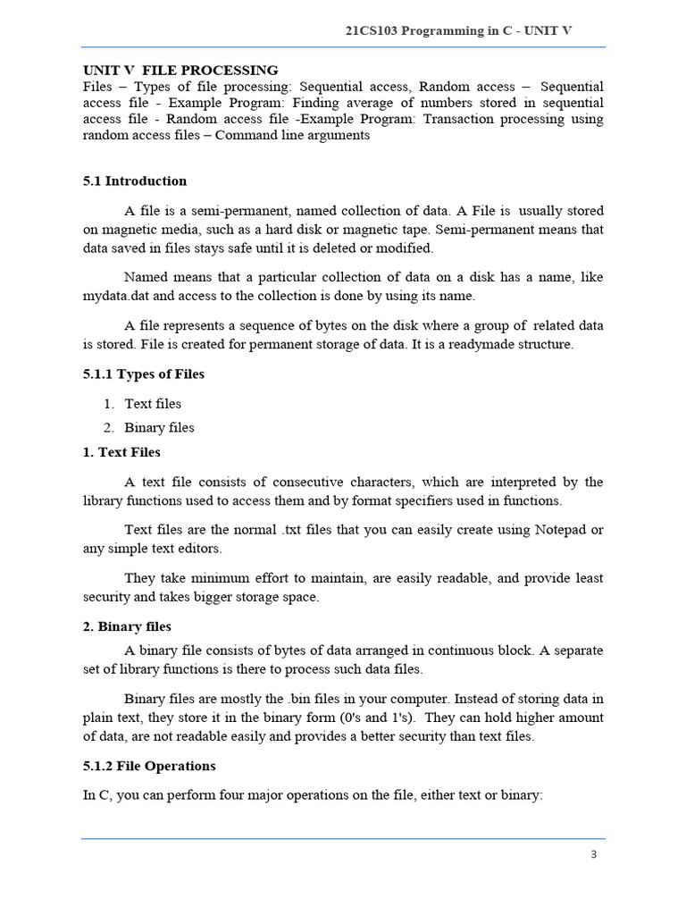 Unit V File Processing | PDF | Computer File | Parameter (Computer ...