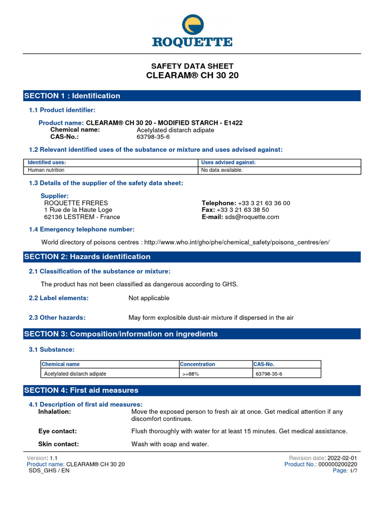 Roquette - SDS - GHS - CLEARAM CH 30 20 - 000000200220 - EN | PDF ...