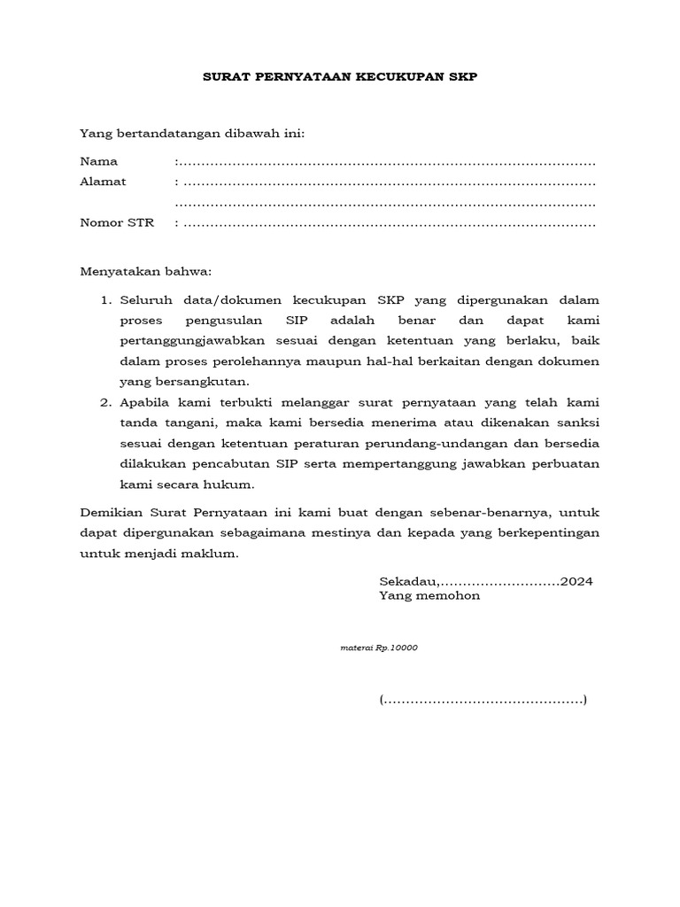 Surat Pernyataan Kecukupan SKP 2024 | PDF
