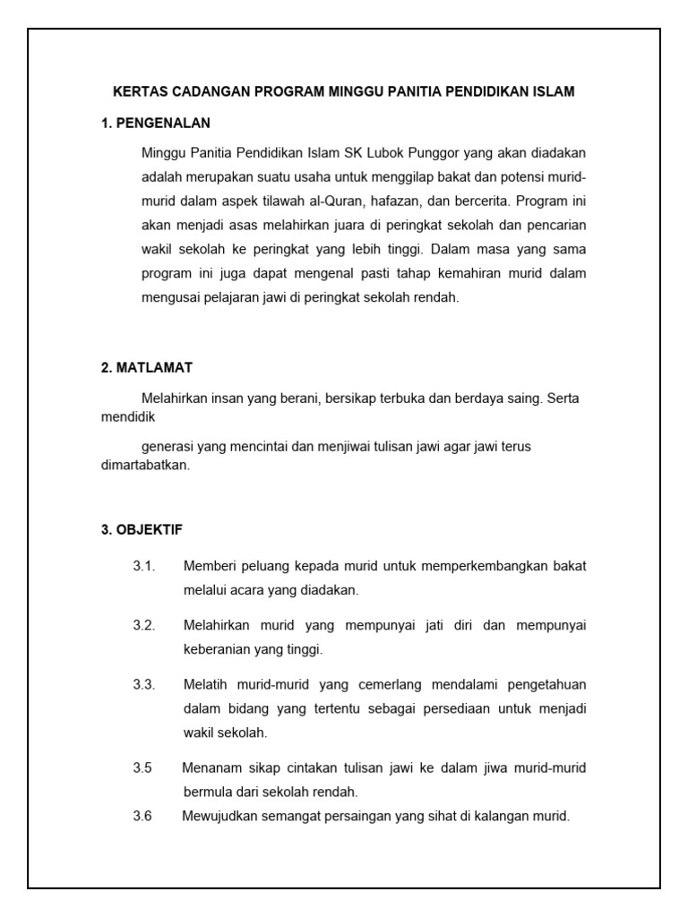 Kertas Cadangan Program Minggu Panitia Pendidikan Islam | PDF