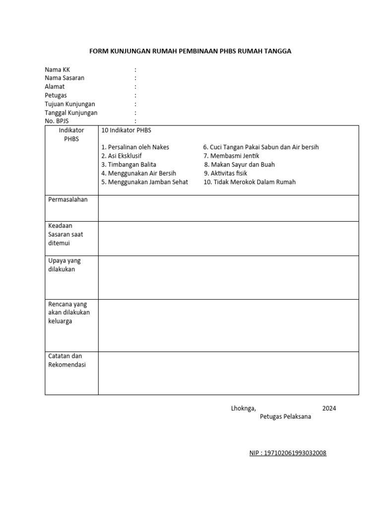 FORM KUNJUNGAN RUMAH PEMBINAAN PHBS RUMAH TANGGA | PDF