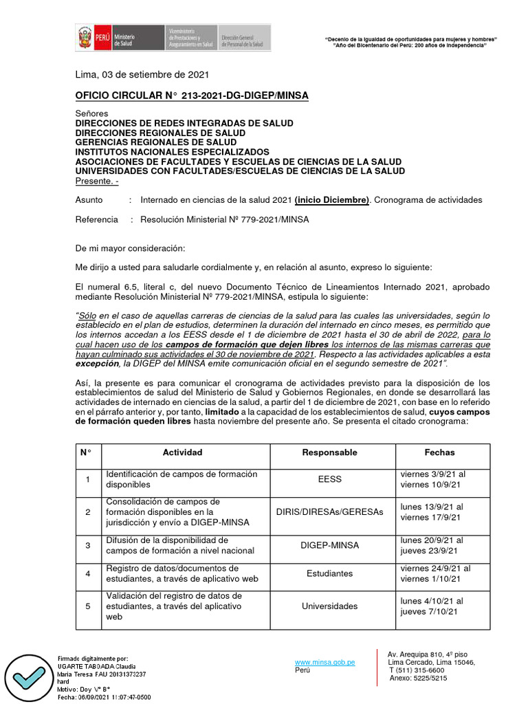 Oficio Circular 213 2021 DG Digep Minsa Exp. 21 105604 001 | PDF