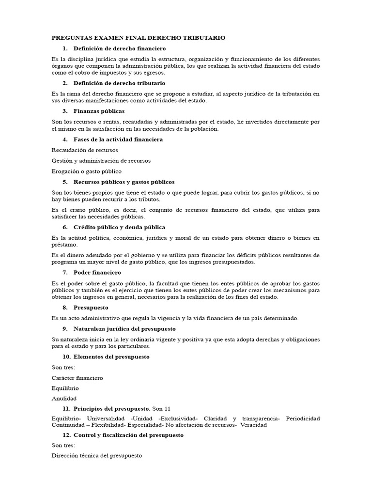 Preguntas Examen Final Derecho Tributario | PDF | Gastos gubernamentales | Impuestos