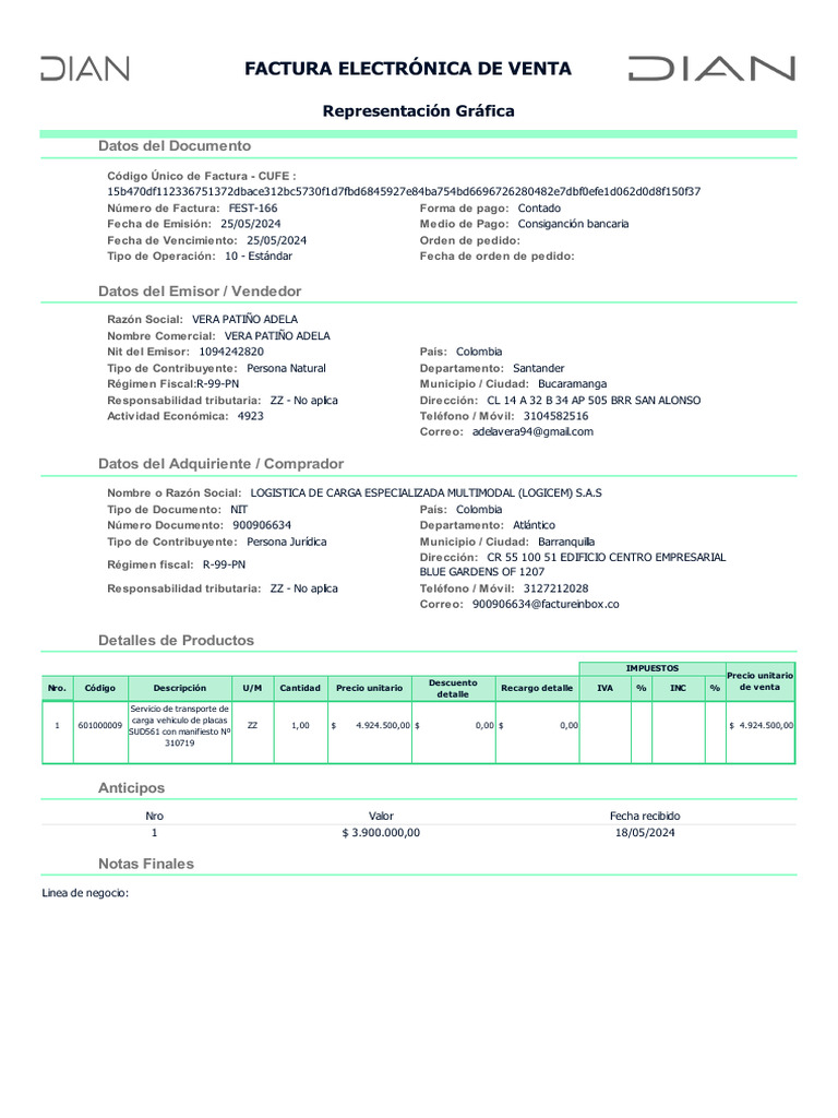 Factura Electrónica Venta FEST-166 | PDF | Factura | Economias