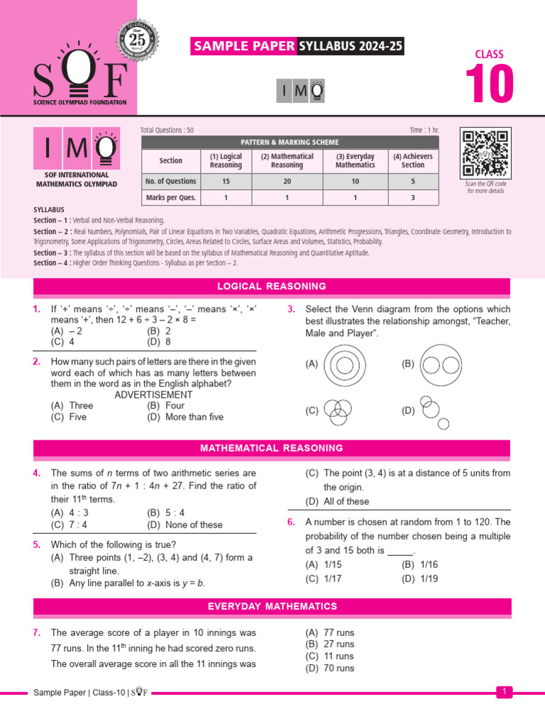 imo_sample_paper_class-10 | Download Free PDF | Mathematics | Equations