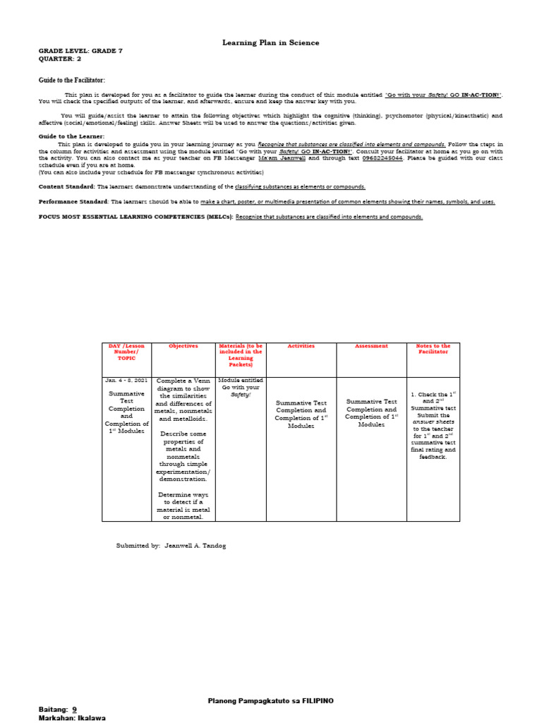 2QLearning Plan in Science and Filipino week 1 | PDF | Learning ...
