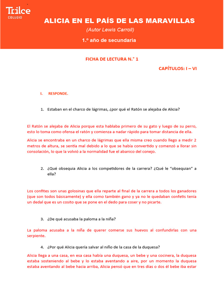Ficha de Lectura #1 - Alicia en El País de La Maravillas | PDF | Las ...