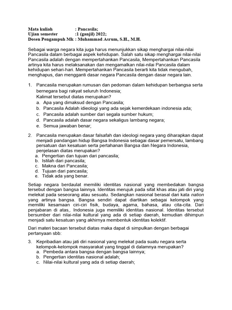 8 SOAL UJIAN FINAL MK. PANCASILA SEMESTER 1 T.A. 2021 Perbaikan (Pak Asrum) | PDF | Ilmu Sosial