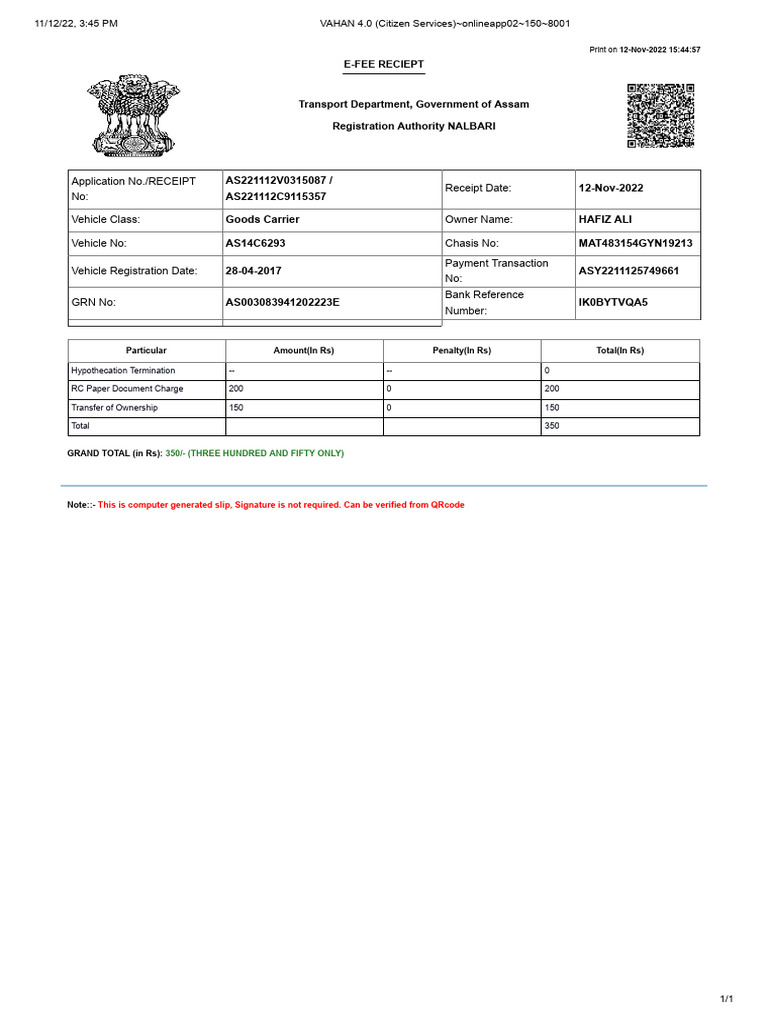 VAHAN 4.0 (Citizen Services) Onlineapp02 150 8001 | PDF | Receipt