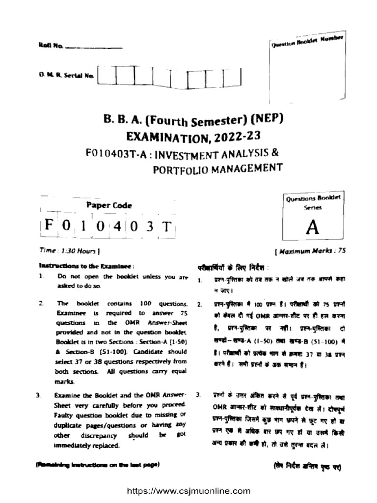 Bba 4 Sem Investment Analysis and Portfolio Management f010403t Set A ...
