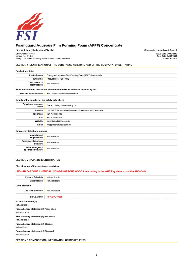 68-1911 Foamguard AFFF SDS | PDF | Toxicity | Waste Management