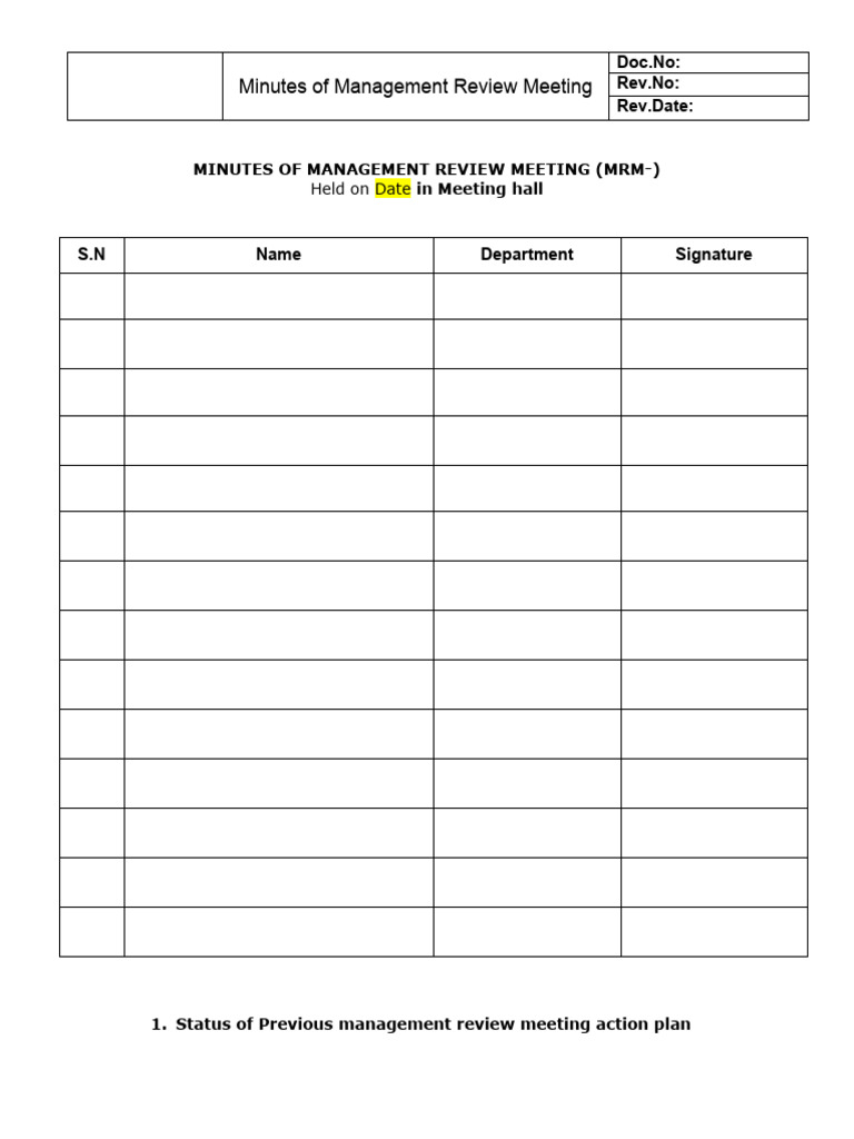 Management Review Meeting Minutes | PDF | Audit | Internal Audit