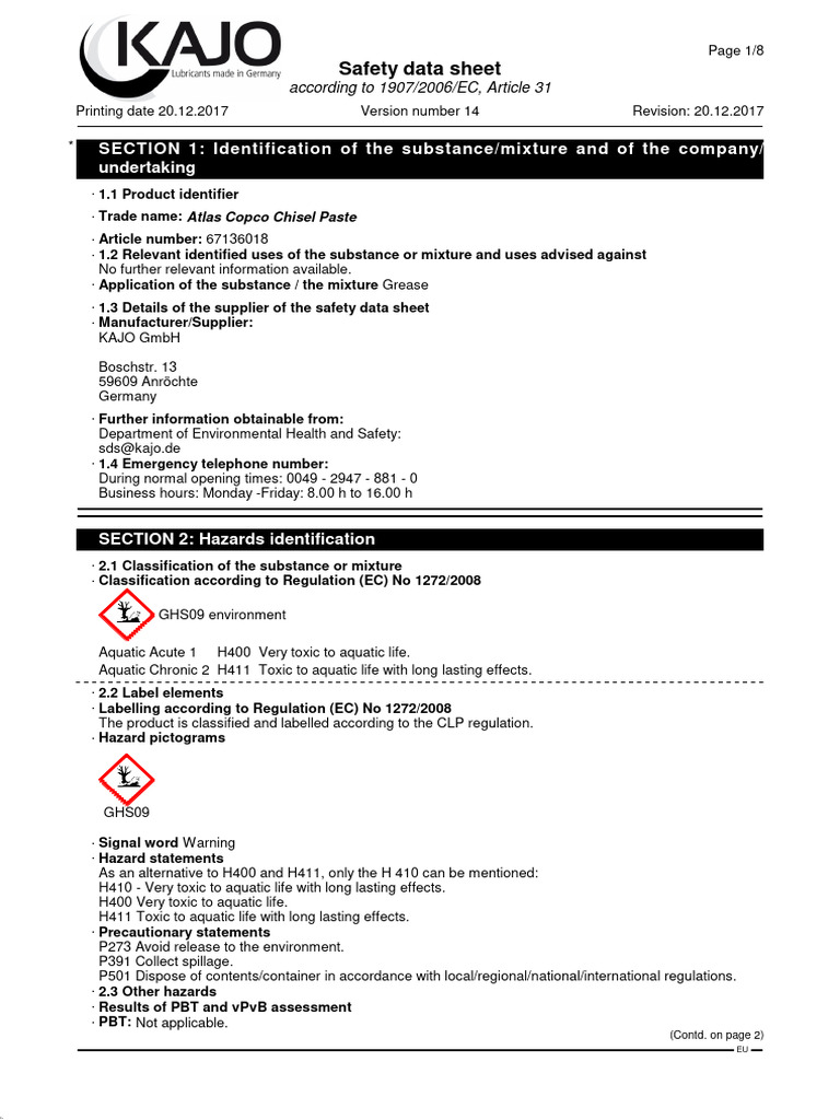MSDS Atlas Copco Chisel Paste (EU) | PDF | Dangerous Goods | Toxicity