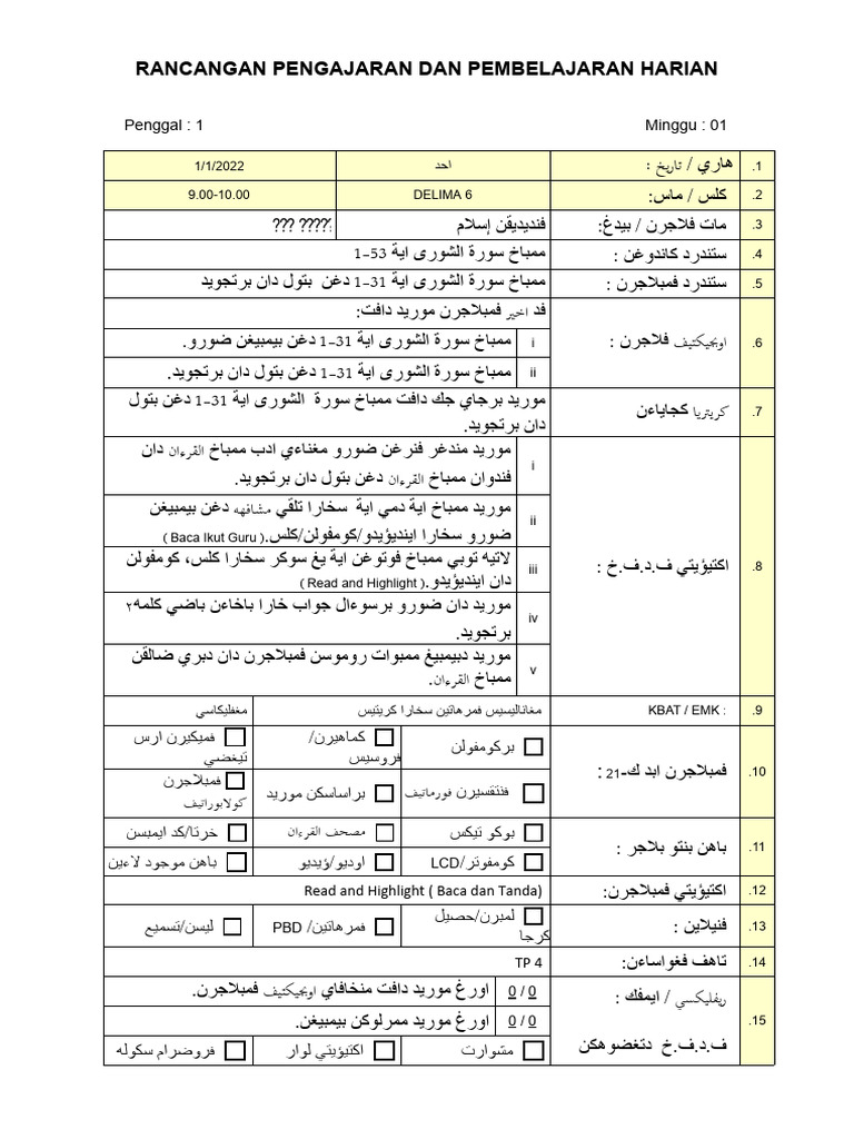 RPH Pak21 Minggu 1-38 (Khatam Al-Quran) Tahun 6 | PDF