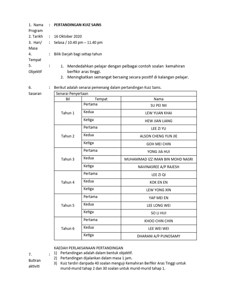 Laporan Kuiz Sains 2020 | PDF