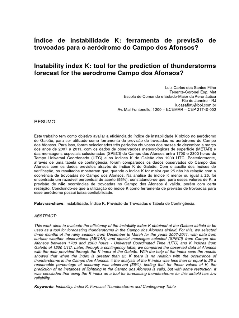 Baixa Confiabilidade do Índice K para Previsão de Trovoadas no Campo dos Afonsos | PDF ...