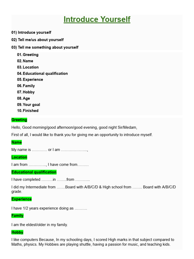 Tell me about yourself Interview Questions and Answers (1) (2) | PDF ...