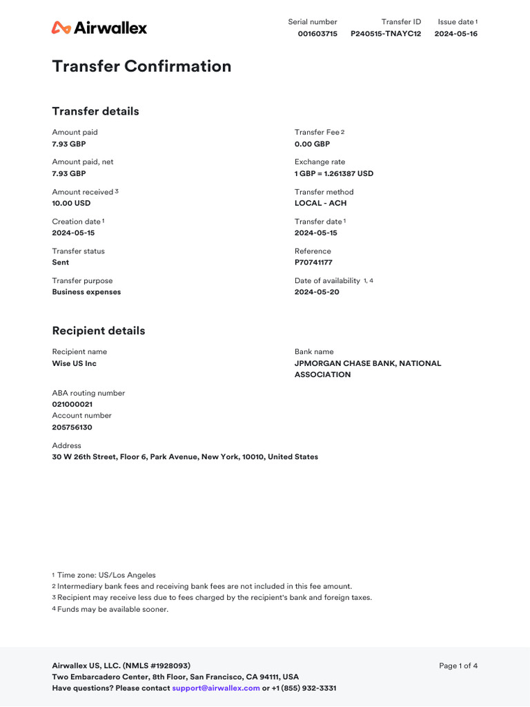 TransferConfirmation Wise US Inc P240515-TNAYC12 | PDF | Receipt | Money