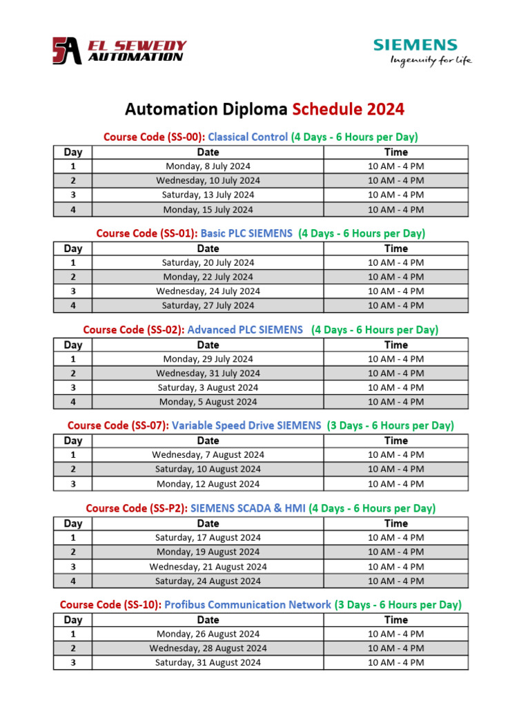 Siemens Courses Schedule 2024 | PDF | Programmable Logic Controller | Applied Mathematics