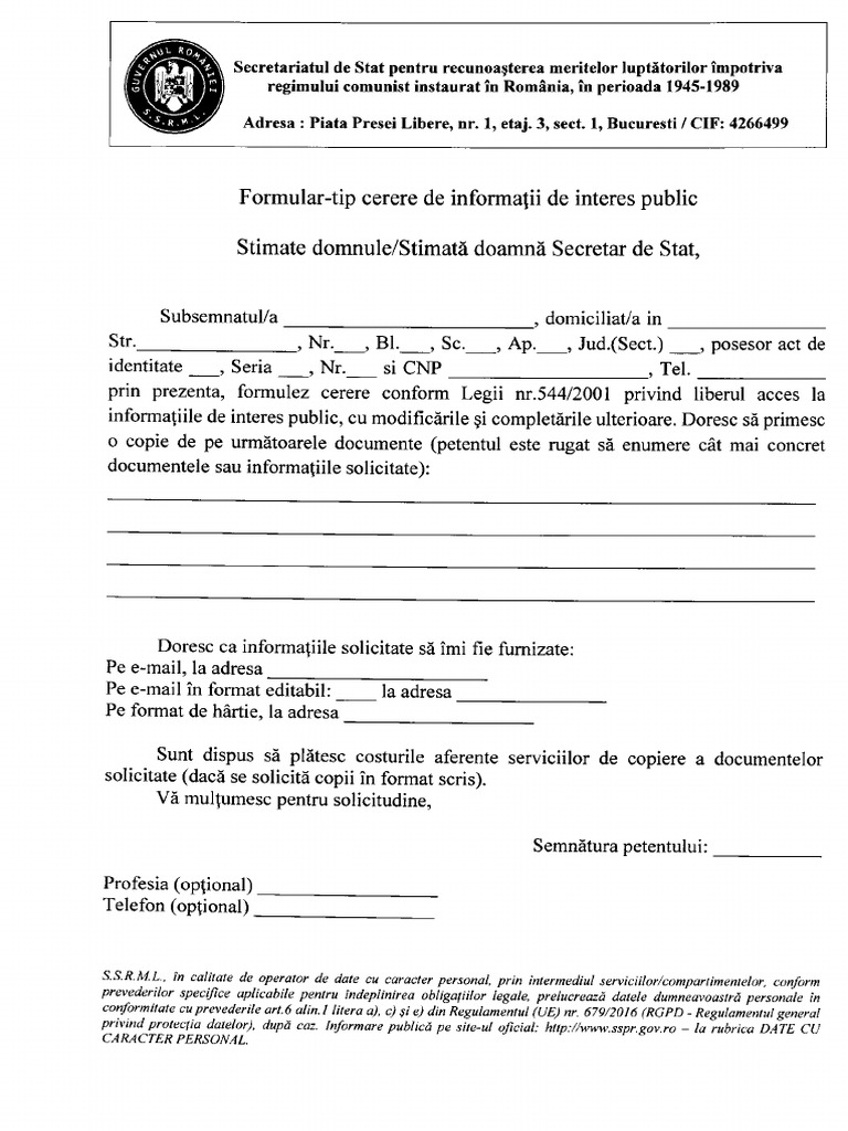 Model Cerere Informatii de Interes Public | PDF