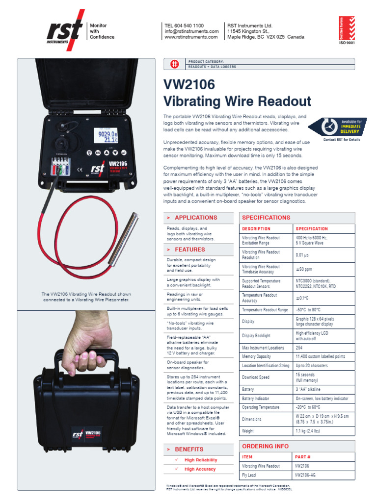 VW2106 Vibrating Wire Readout MIB0033L | PDF | Microsoft Excel | Computing