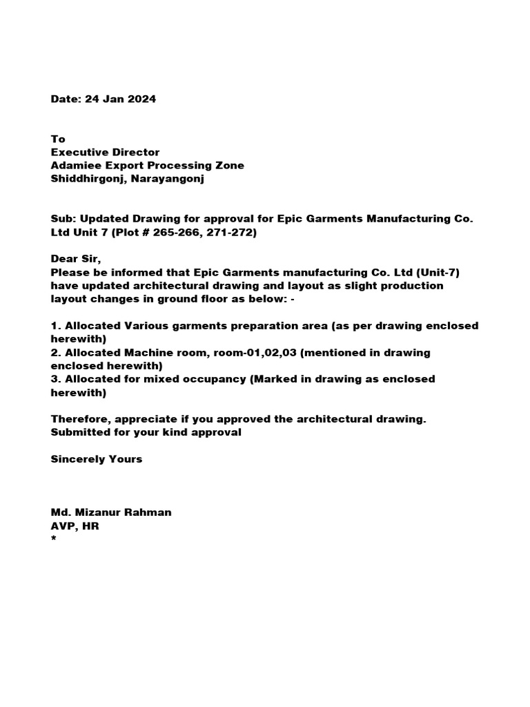 Drawing Revision Letter To BEPZA | PDF | Business | Computers