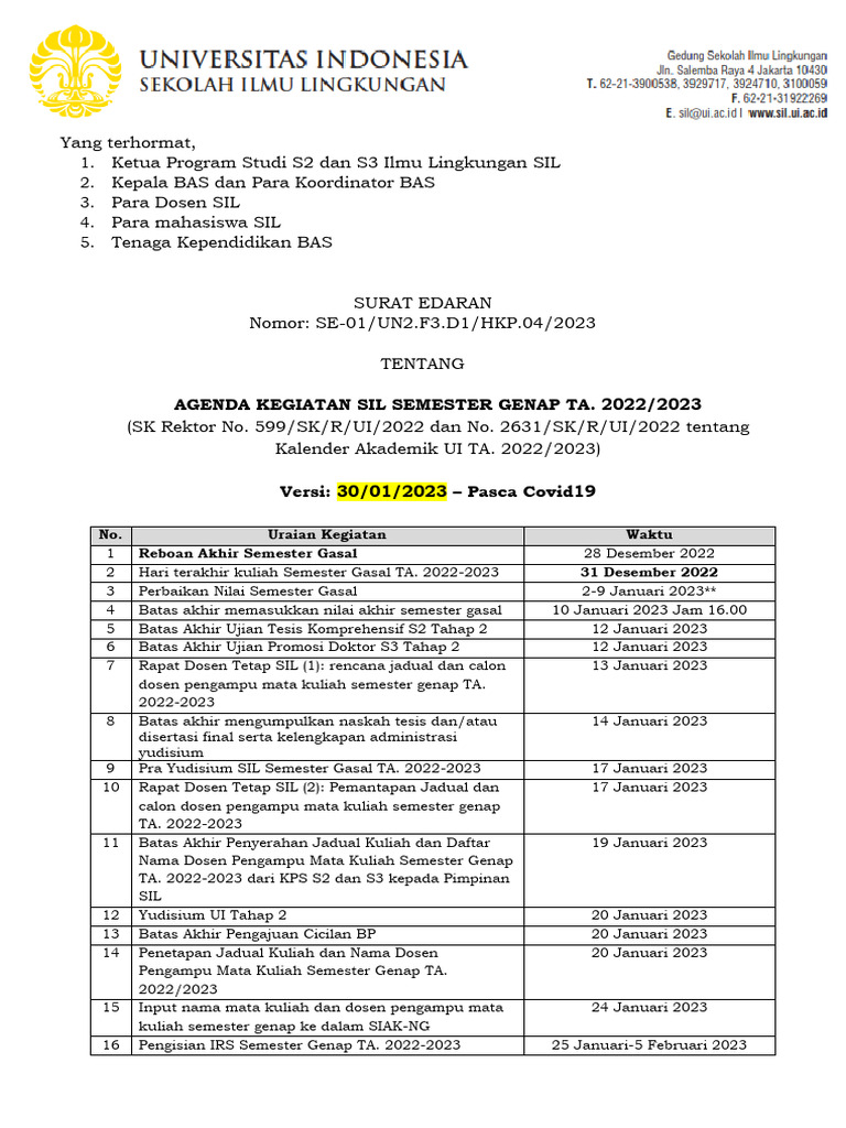 SE-01 - 2023 Agenda SIL Semester Genap TA 2022-2023 Ver 30012023 - Pasca Covid19 | PDF ...