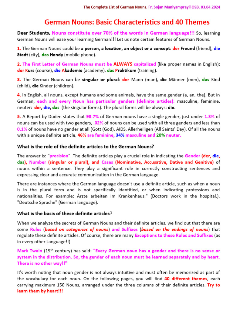 German Nouns - COMPLETE | PDF | Grammatical Gender | German Language