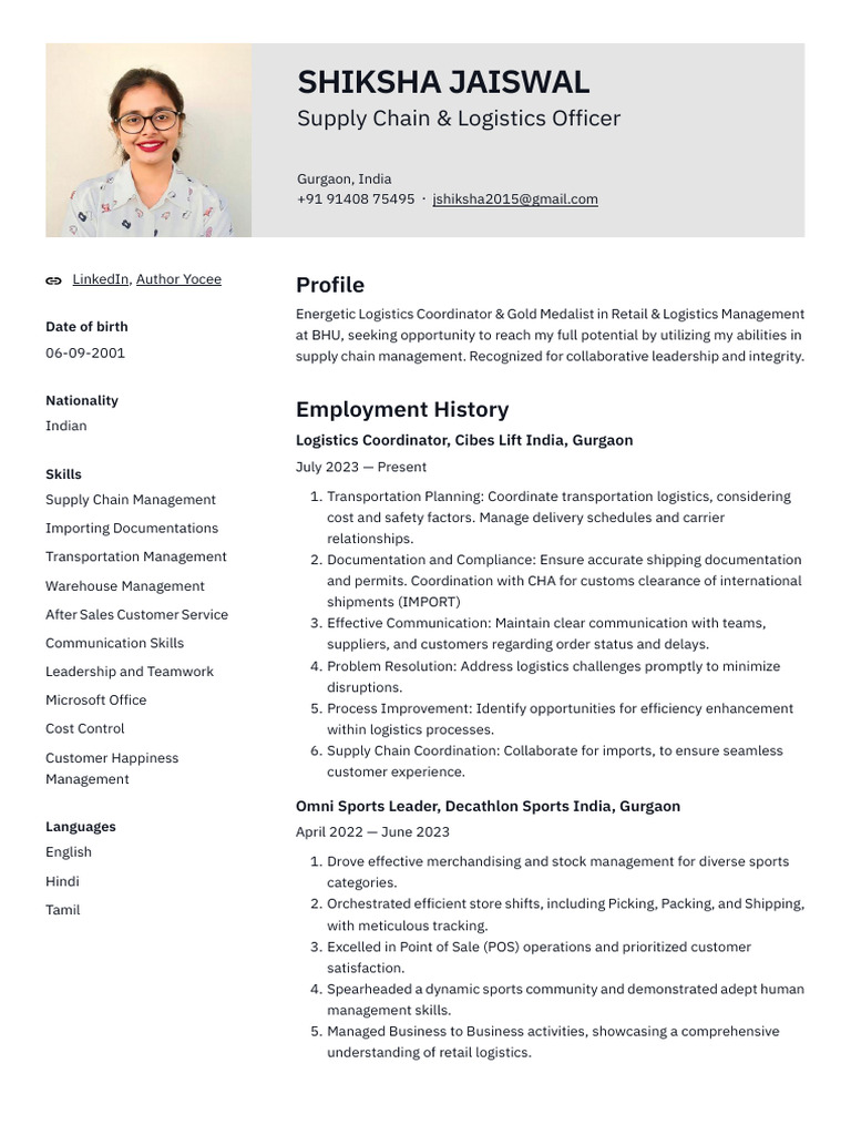 Shiksha CV - Receiving Incharge | PDF | Logistics | Supply Chain Management