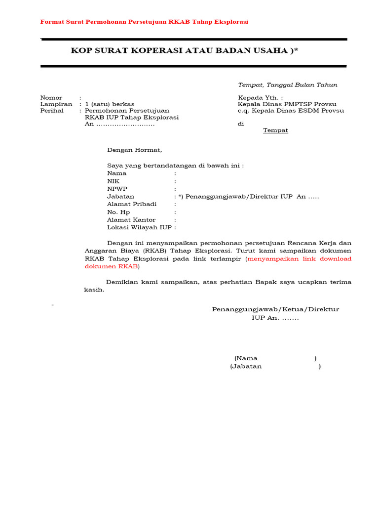 14. Format Surat Permohonan Persetujuan RKAB Tahap Eksplorasi | PDF