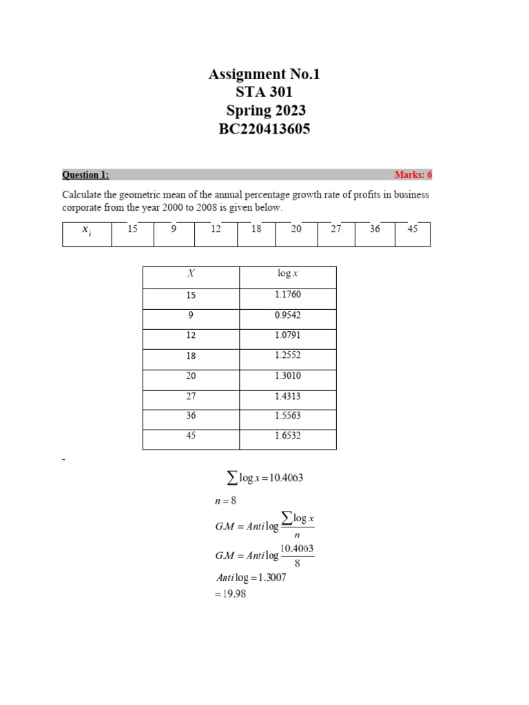 Assignment No 1 Sta 301 | PDF | Mean | Mathematical Analysis