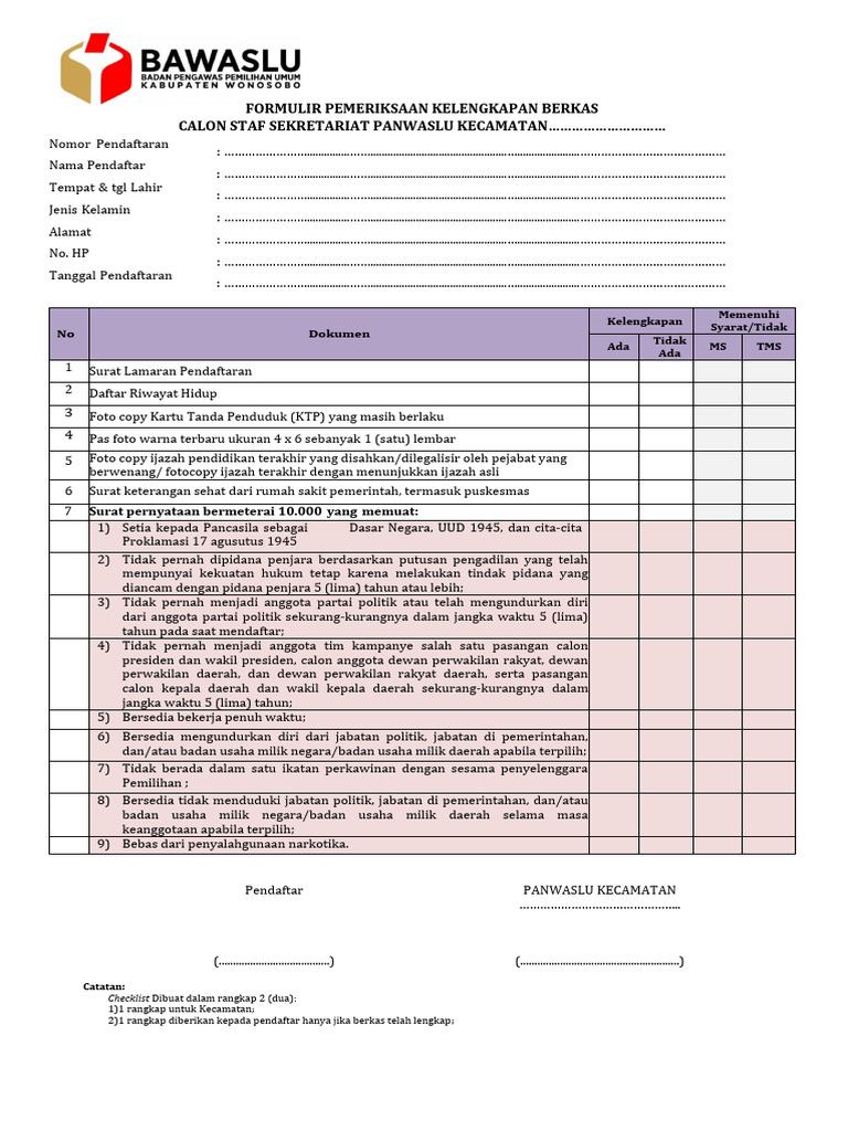 Formulir Pendaftaran Staf Panwaslu | PDF