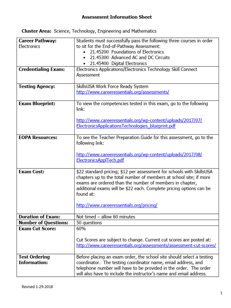 AssessmentInformationSheet Cluster STEM Electronics SkillsUSA | PDF | Windows Xp | Computing