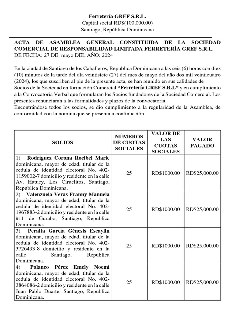 Acta de Asamblea, Ferreteria GREF, SRL | PDF | República Dominicana | Gobierno
