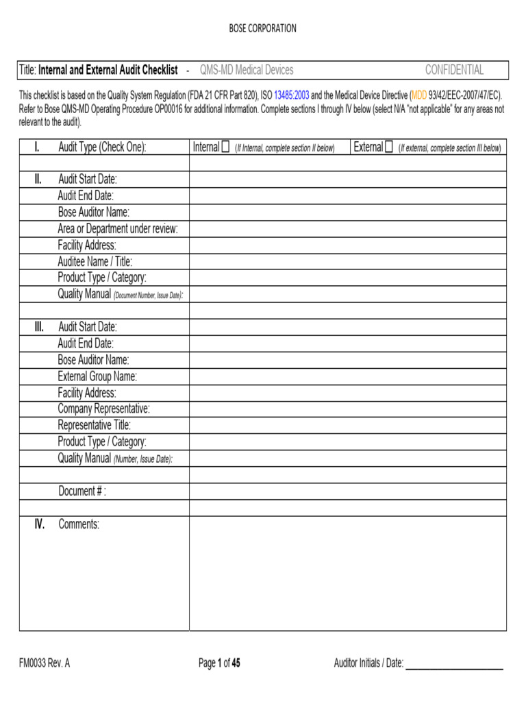Bose 13485 FDA MDD InternalExternal Audit Checklist 04.20.18 | PDF | Quality Management System ...