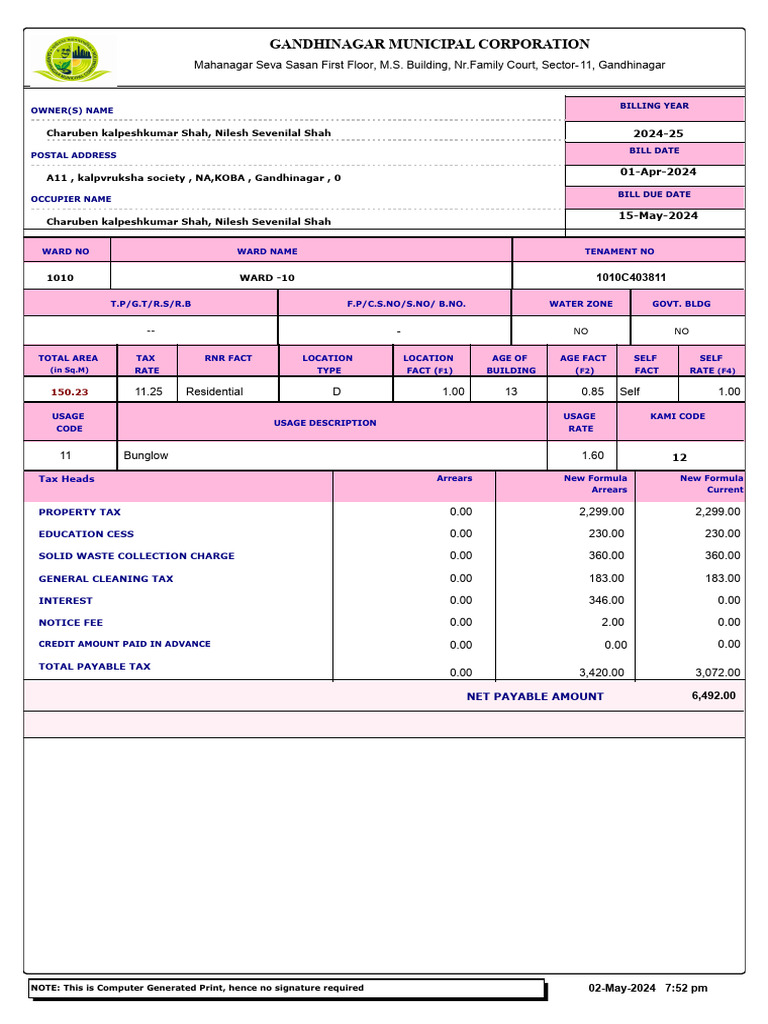 Property Tax Bill Gandhinagar | PDF | Taxes | Government Finances