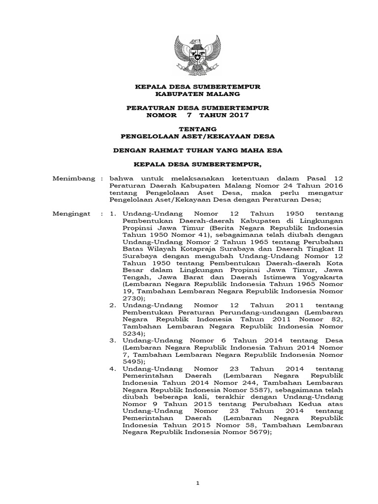 Peraturan Desa Sumbertempur Nomor 7 Tahun 2017 Tentang Pengelolaan Aset ...