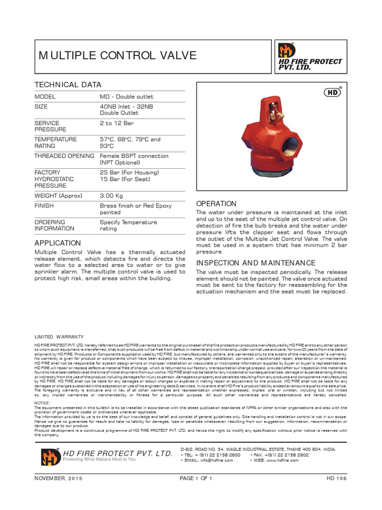 HD106 Multiple Control Valve | PDF | Valve | Fire Sprinkler System