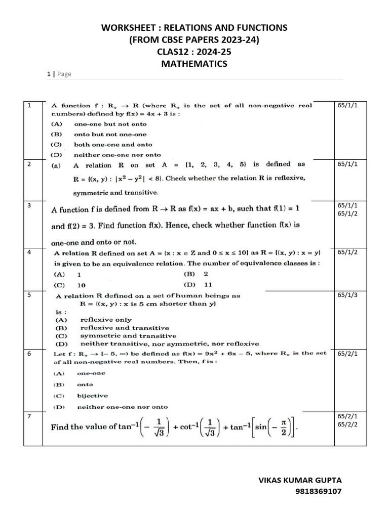 CBSE Class 12 Relations & Functions Worksheet | PDF | Secondary ...