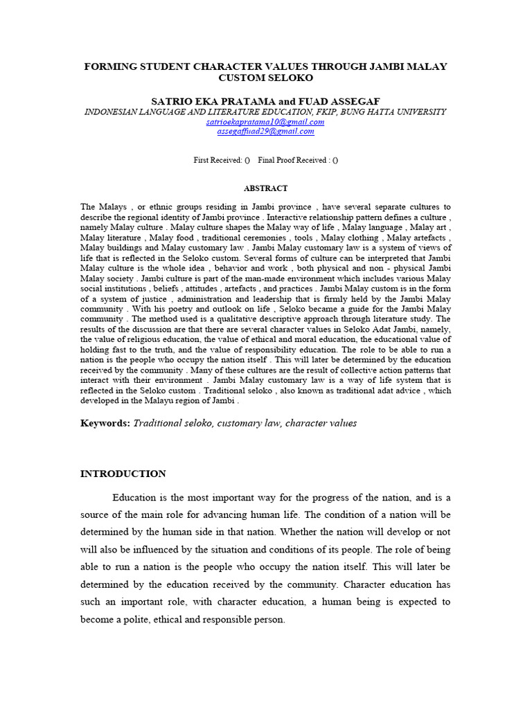 Forming Student Character Values Through Jambi Malay Custom Seloko ...