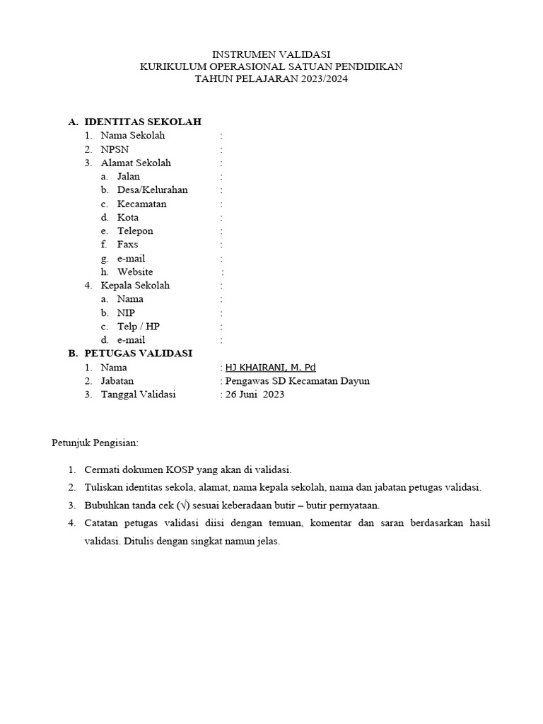 Instrumen Validasi Kosp 2023 | PDF